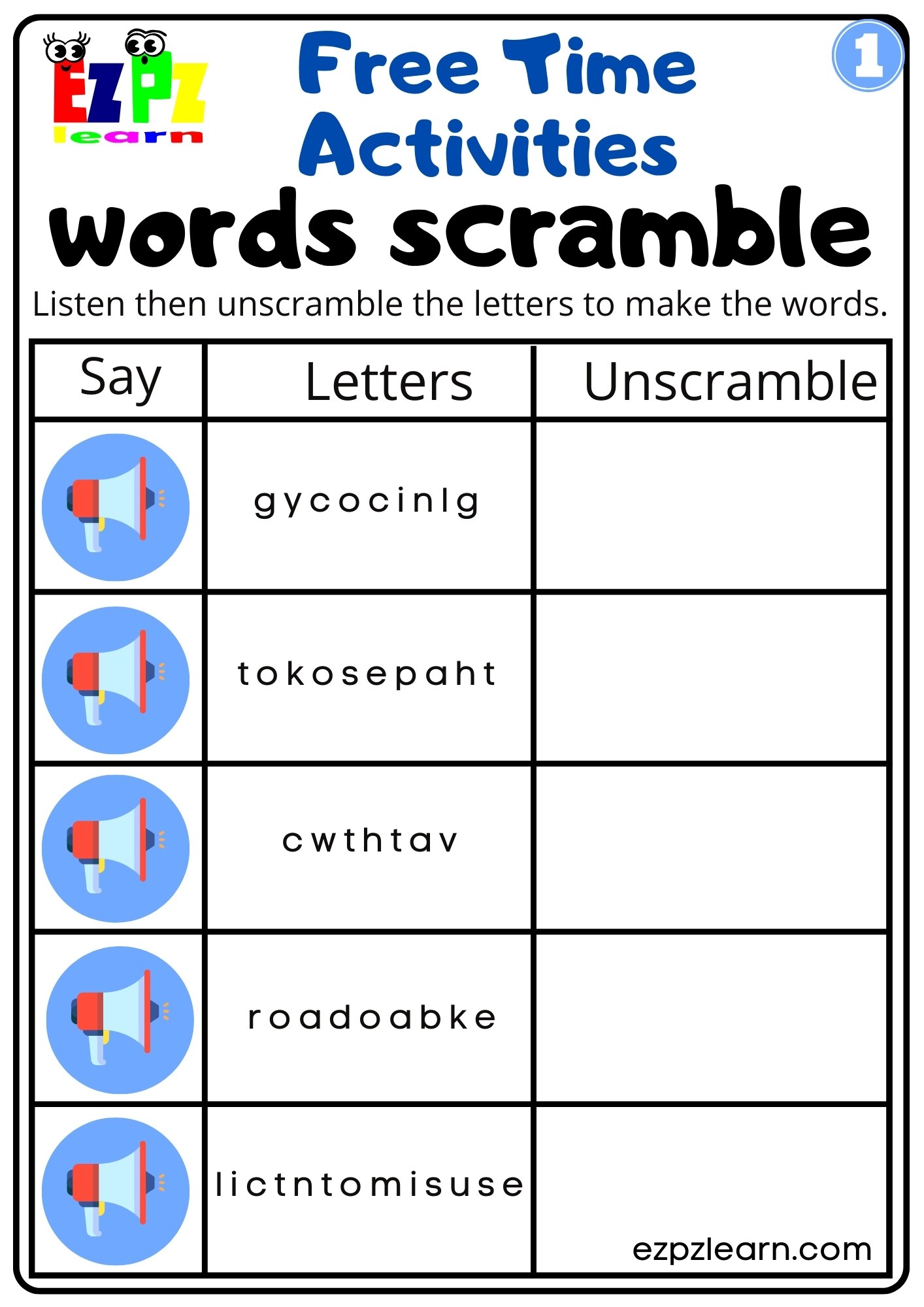 Free Time Activities Interactive Worksheet Listen, Unscramble and Write the Words Activity for ...